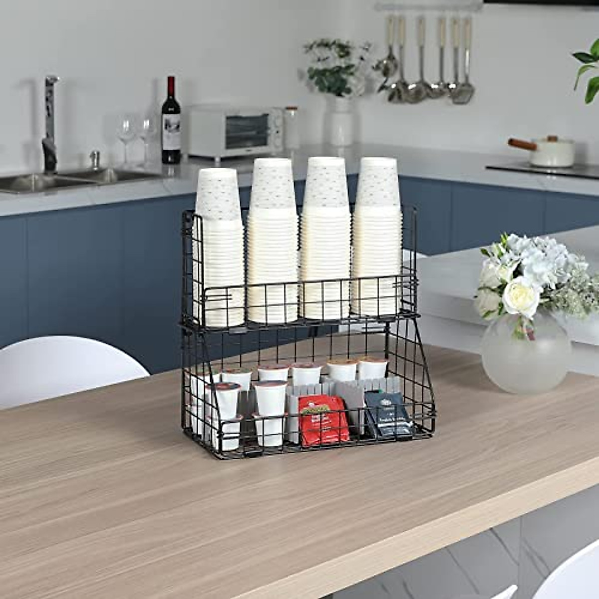 Stackable Cup Lid Dispenser and Coffee Condiment Organizer with 2 Removable Dividers, Wall Mount&Metal Wire Basket Storage for Coffee Tea Bag Snack,Stand Rack Holder for Breakroom Office