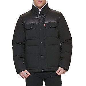 Levi's Men's Mixed Media Quilted Puffer Jacket with Sherpa Lined Collar (Regular and Big & Tall Sizes), Black/Faux Leather, X-Large