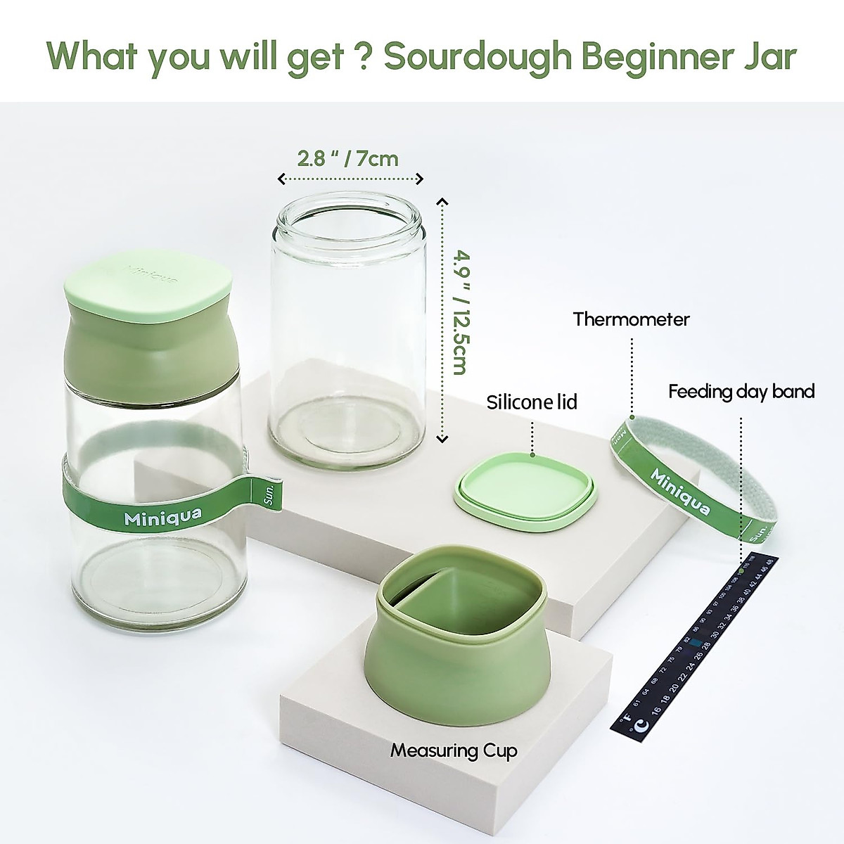 Miniqua Sourdough Starter Jar With Date Marked Feeding Band,Thermometer Strip,Silicone Fermentation Lids,Build-in Measuring Cup,Sourdough Starter Kit for Sourdough Bread Baking(20Oz/560ml)