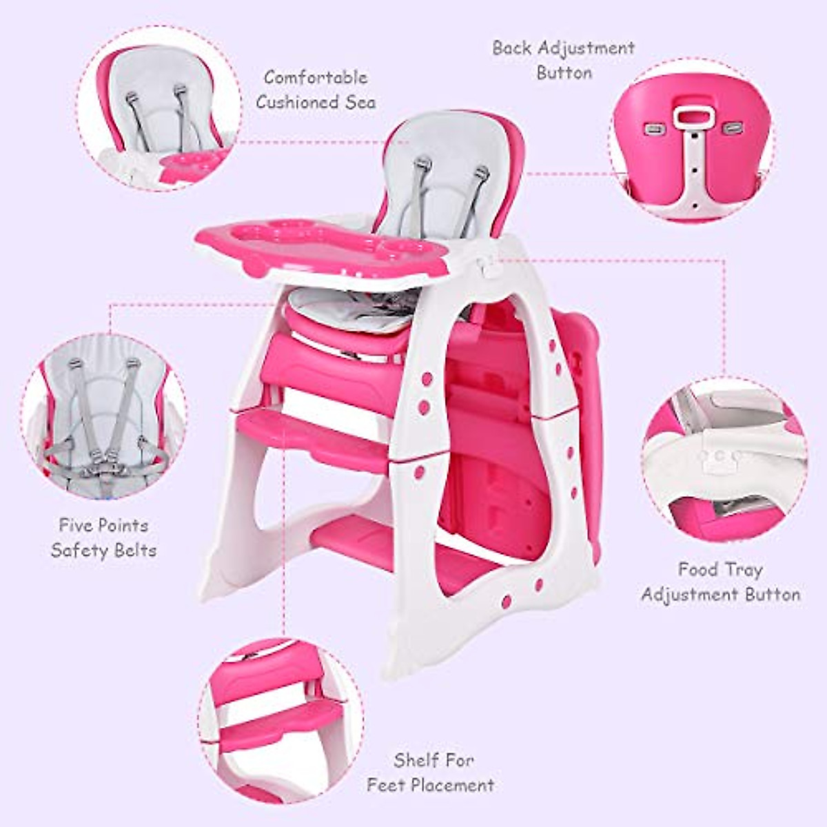 Costzon Baby High Chair, 3 in 1 Infant Table and Chair Set, Convertible Booster Seat with 3-Position Adjustable Feeding Tray, Adjustable Seat Back, 5-Point Harness (Pink)