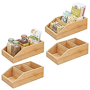 mDesign Bamboo Wood Food Storage Bin with Divided 3 Compartments and Sloped Front for Kitchen Cabinet, Pantry, Shelf to Organize Seasoning Packets, Powder Mixes, Spices, Snacks - 4 Pack - Natural