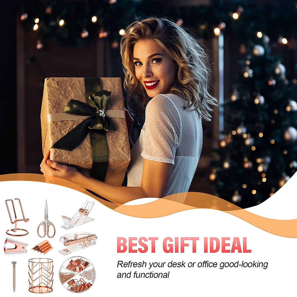 Rose Gold Office Supplies and Accessories, Acrylic Stapler, Staple Remover, Tape Dispenser, Pen Holder, Phone Holder, Scissors, Paper Clips, Binder Clips, 2 Pen and 1000 pcs Staples