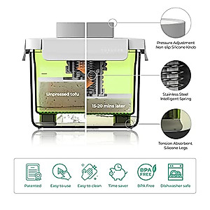 TOFUDEE Tofu Press With Auto IntelliSpring. Patent Adjustable Vegan Tofu Presser for Speed up Draining Water from All Types of Pressed Tofu without Crack