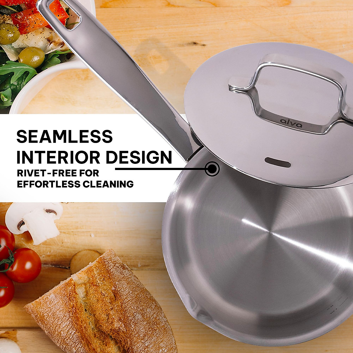 Alva Maestro Stainless Steel Saucepan with Lid Non Toxic Induction Compatible 2 Qt 6.3" PFAS, PFOA & PFTE Free, for Cooking Pan Set, Induction Safe, Add to Your Pots and Pans Set Cookware