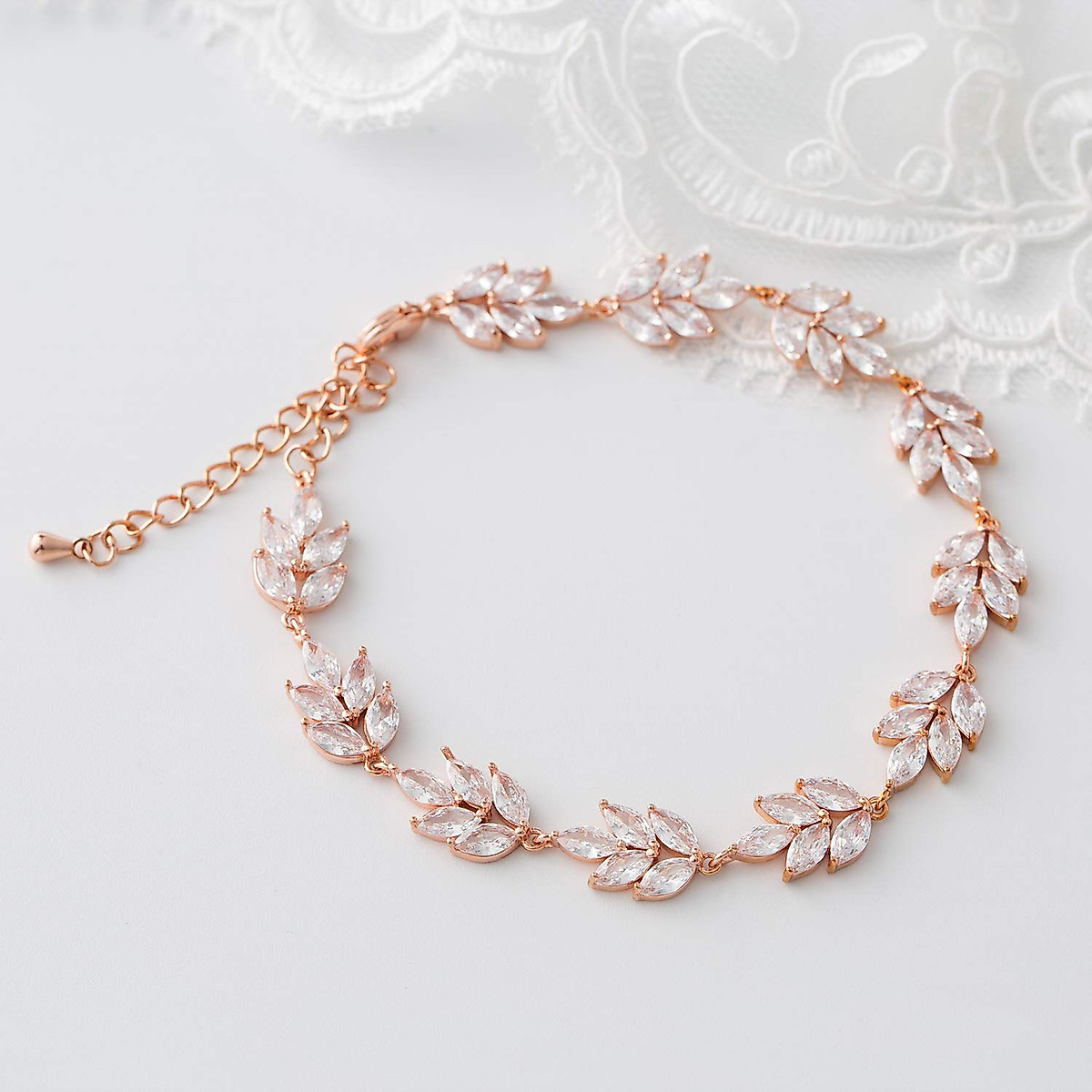 SWEETV Rose Gold Bracelet Wedding Bridal for Brides,Bridesmaid-Crystal Cubic Zirconia Bracelet Leaf Vine Vintage Style