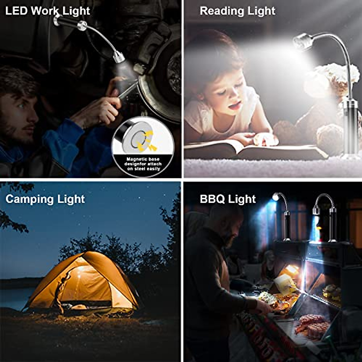 Magnetic Grill Light for Barbecue: Grill Lighting for Outdoor BBQ - Grilling Gifts for Men, Waterproof Heat Resistant Grill Accessories | 2 Pack Black