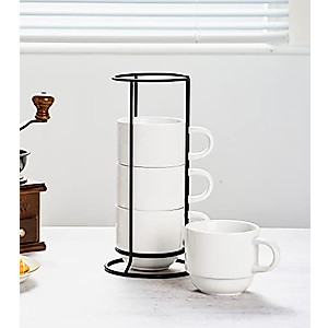 YHOSSEUN Porcelain Coffee Mug Set With Metal Stand, Ceramic Cups with Espresso Spoons, 11 Ounce Mug Set Perfect For Americano, Chocolate Drinks, Milk, Tea, Set of 4, White