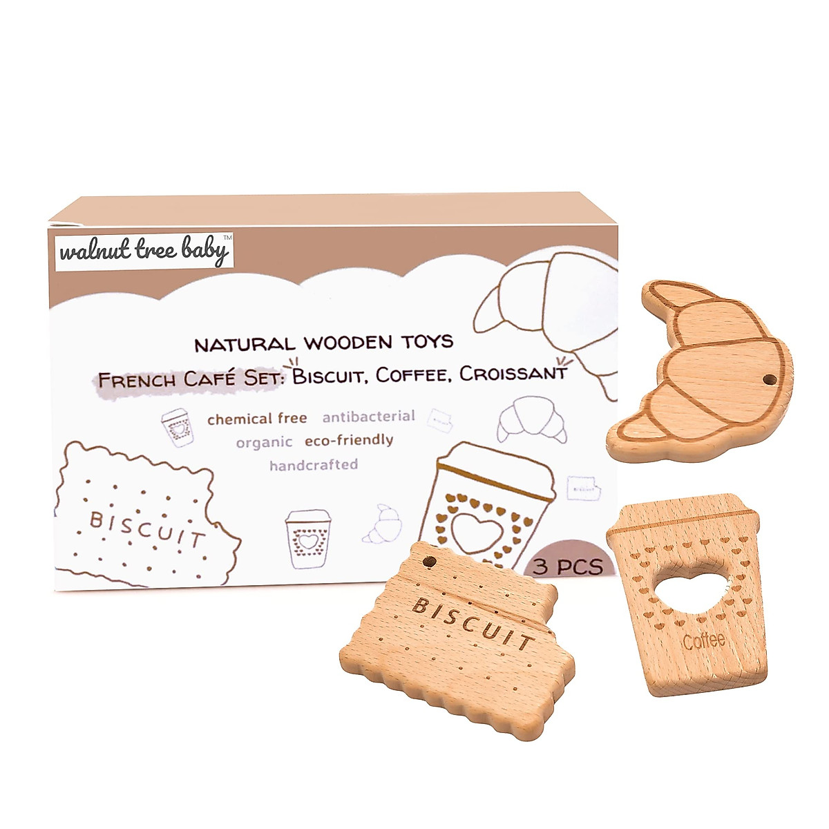 French Cafe-Themed Wooden Toys Set, Natural Wooden Play Food, Handcrafted Beech Wood Toys, Non-Toxic Wooden Food Set for Kids, Teether Toy Food Set of 3