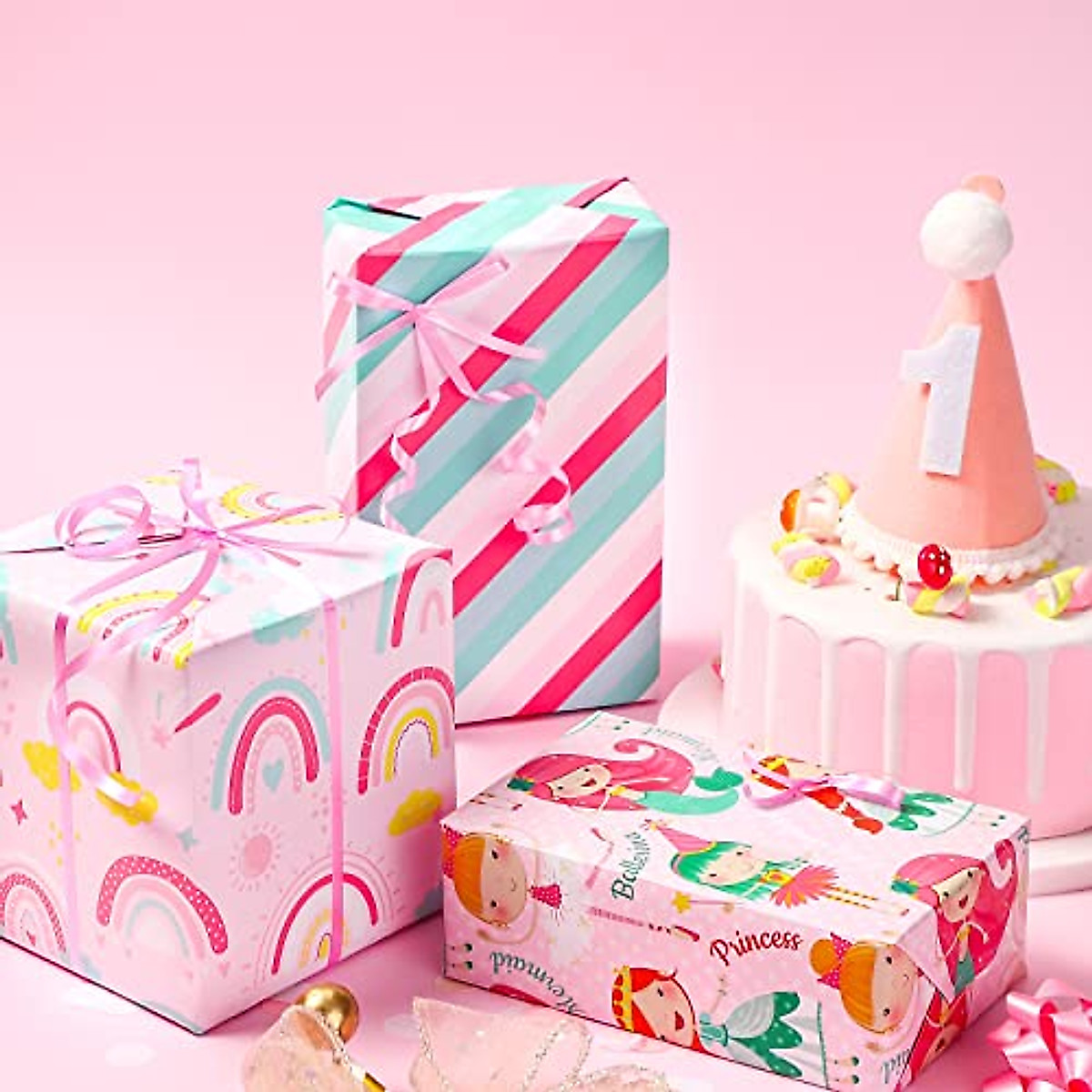 LeZakaa Birthday Wrapping Paper Roll - Mini Roll - Mermaid/Rainbow/Stripe Design for Girls, Kids, Women - 17 x 120 inches, 3 Rolls (42.5 sq.ft.ttl.)