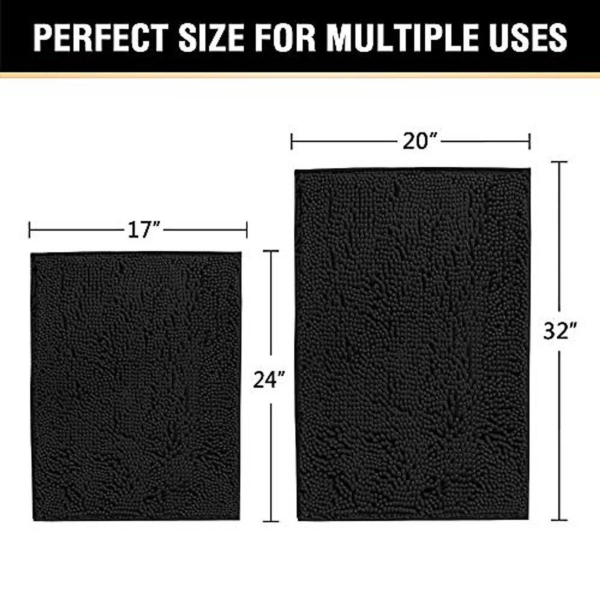 H.VERSAILTEX (Set of 2) Super Thick Soft Shaggy Chenille Bath Mats Machine Washable Bath Rugs Set for Bathroom, Dry Fast Water Absorbent Bath Mats, Black (Pack 2-20" x 32"/17" x 24")