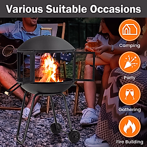 ORALNER Portable Fire Pit on Wheels, 27” Outdoor Wood Burning Firepit Cage w/Spark Screen Cover, Log Grate, Fire Poker, Steel Patio Firepit w/BBQ Grill for Outside Camping, Picnic, Backyard Bonfire