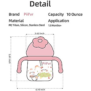 Piifur Weighted Straw Sippy Cup with Strap, Spill Proof Sippy Cups for Baby 2 Year Old, Trainer Cup for Toddlers, 10oz/300ml, Pink