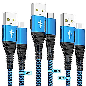 USB Type C Charger Fast Charging Cable 3/6/10Ft 3.1A USBC Charger Cord Nylon Braided Compatible with Samsung Galaxy S22 S21 S20 S10 S9 Plus Note 10 9 8 A12 A13 A53 Google Pixel 7 6 5 Moto G7 G8 Switch