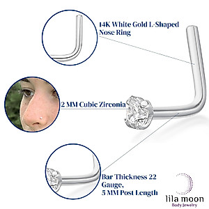 Lavari Jewelers 22 Gauge L-Shape Nose Ring for Women I 2 mm Cubic Zirconia Nose Ring for Her I 14k White Gold Nose Ring I CZ Unisex Stud Hypoallergenic Nostril Piercing Jewelry I 22G Body Piercing