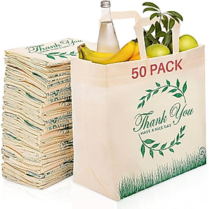 50 Pack Reusable Thank You-Have a Nice Day Eco-Friendly Large Grocery Shopping Bags 14.5"x14"x6.6" Durable, Recyclable Shopping Bags for Customers Washable, Foldable, Portable Tote Bags Bulk