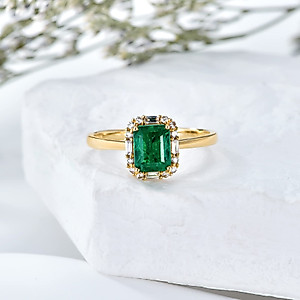 MOLICACI 18K Yellow Gold 1.05 CT Natural Green Emerald Ring, Certified Emerald with Diamonds Halo Set Engagement Wedding Ring for Women, US Size 7