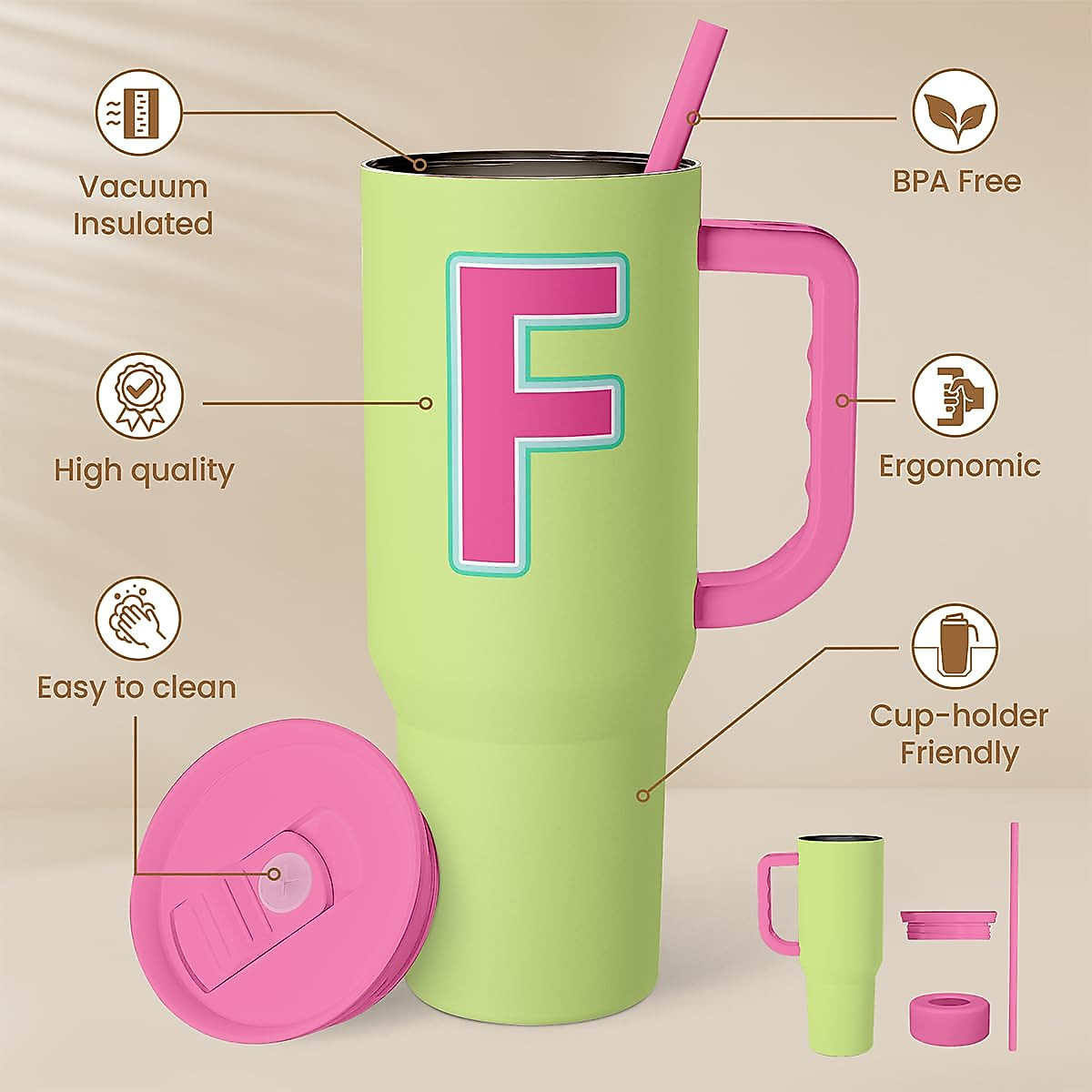 SANDJEST Stainless Steel Slider Tumbler With Handle 40oz & Jewelry Case with Initial F