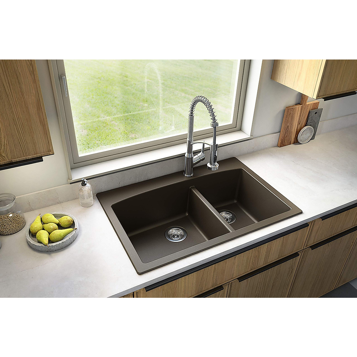 Karran QT-711 Drop-In Quartz Composite 33 in. 1-Hole 60/40 Double Bowl Kitchen Sink Kit in Brown