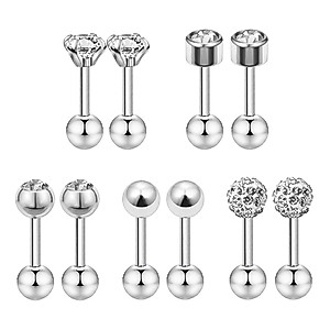 5 Pairs Ball Stud Earrings Stainless Steel 18G Barbell Gartilage Earrings Helix Earrings 4mm CZ Ear Piercing Set (Silver)