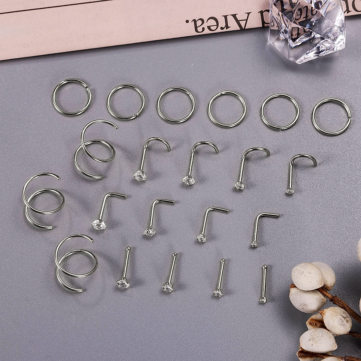 Vegolita 21PCS 20G 316L Stainless Steel Nose Rings Hoop for Women Men Double Nose Ring CZ Nose Stud Piercing Jewelry S
