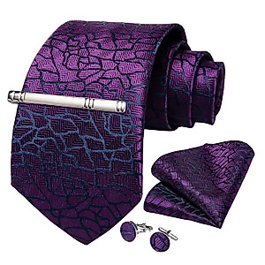 DiBanGu Plaid Ties for Men Silk Checkered Necktie and Pocket Square Cufflinks Tie Clip Set with Gift Box for Wedding Business, Purple and Black