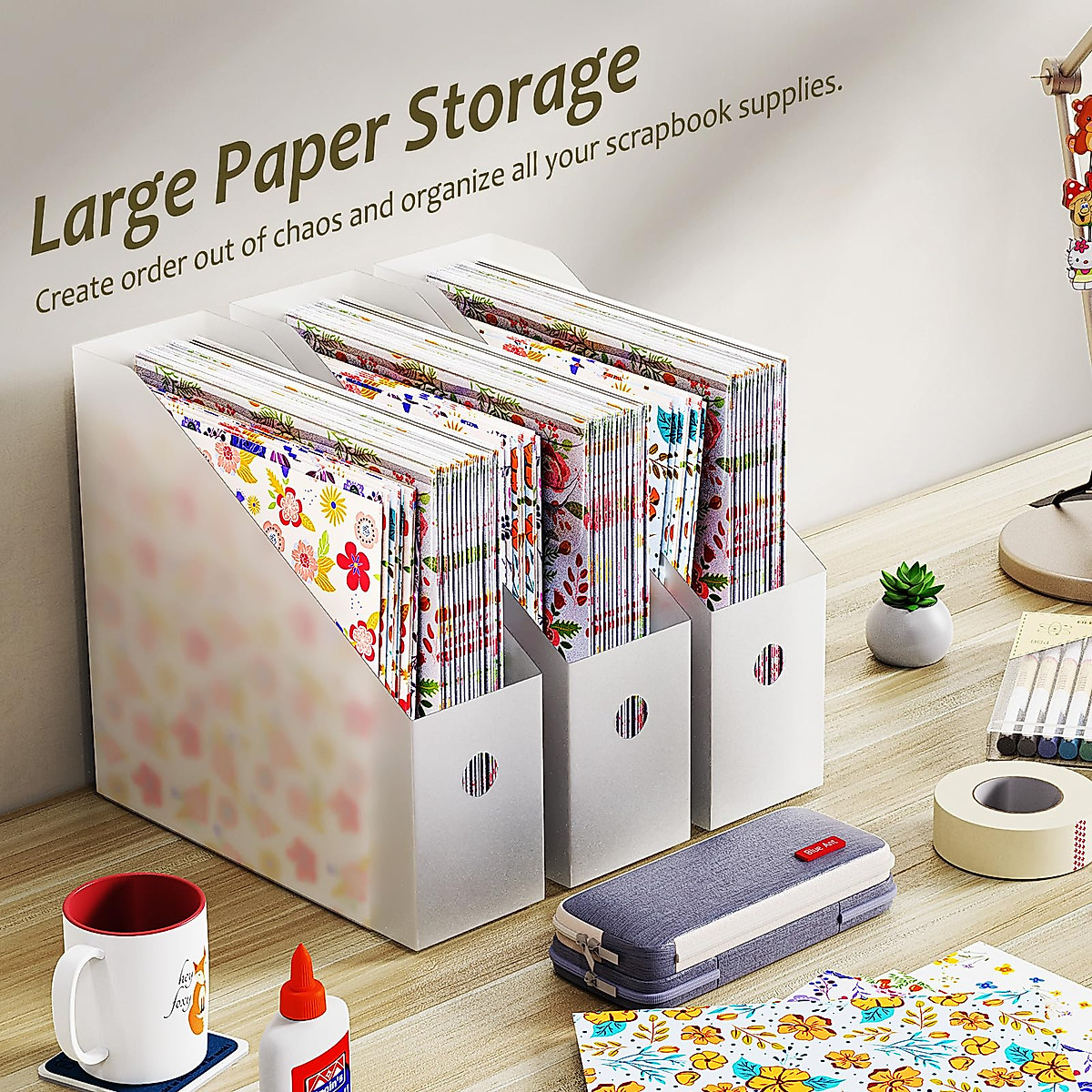 6PCS Scrapbook Paper Storage, Foldable Scrapbook Paper Holder with 2 Pieces Sticky Index Tabs for 12x12 Paper Storage Organizer, Files, Vinyl, Cardstock, Magazines, Documents