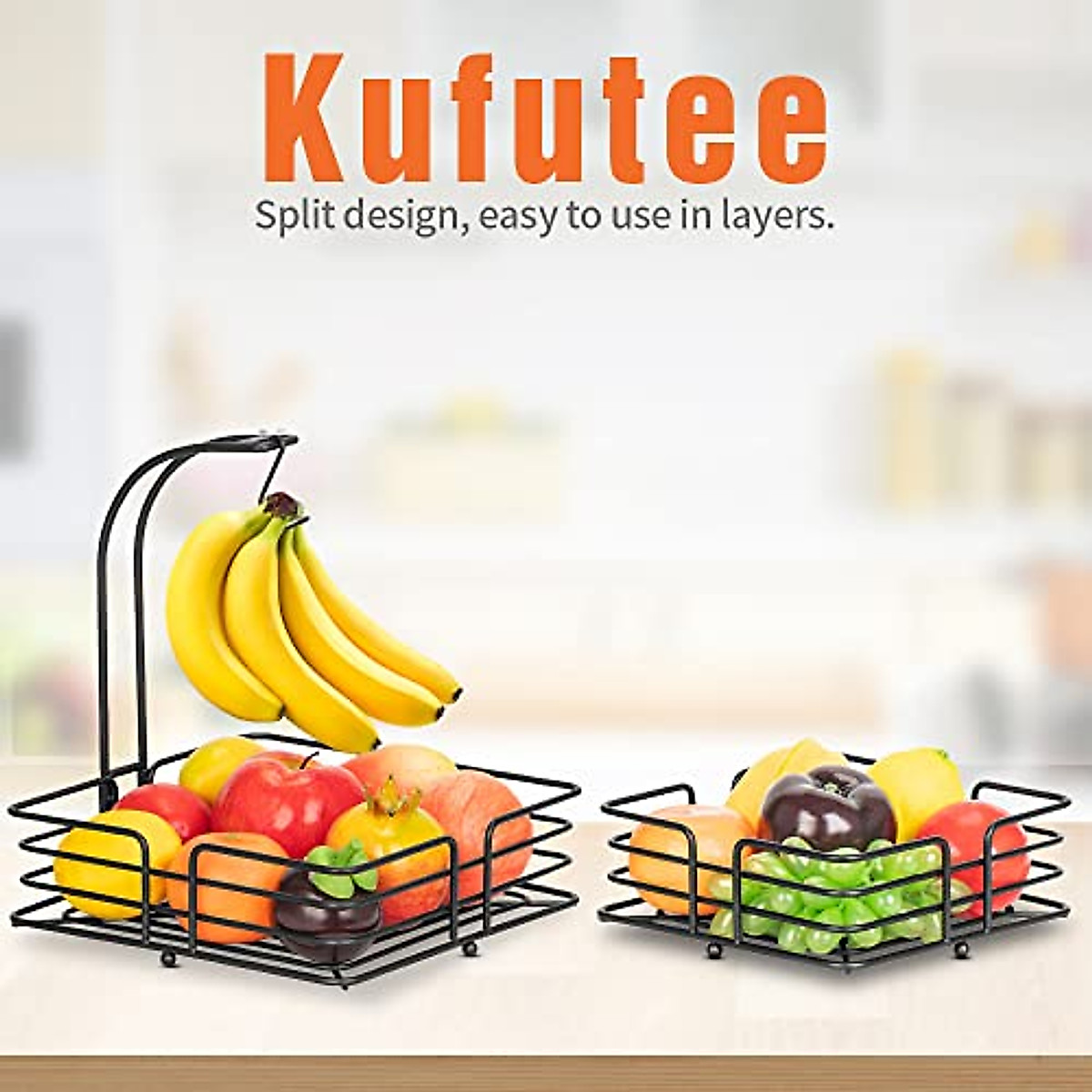 Kufutee 2 Tier Countertop Fruit Basket,Vegetables Bowl Storage With Banana Hanger,Black