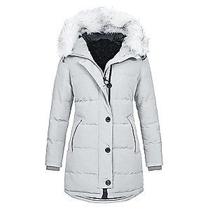 Women's Down Coat With Fur Winter Warm Inside Fleece Padded Hooded Parka Coat Puffer Jacket Slim Zipper Hoodie Jacket (Gray, XL)