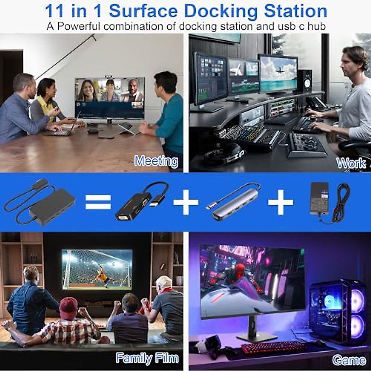 Surface Docking Station, 11-in-1 Triple Display (4K HDMI +VGA) Microsoft Surface Dock with 60W Power for Surface Pro 11/10/9/8/X/7/6/5/4/3, Surface Book 4/3/2, Surface Laptop Go/5/4/3/2/1