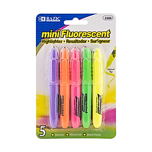 BAZIC Mini Highlighter Pen Assorted Color, Chisel Tip Broad Fine Line Highlighters Unscented (5/Pack), 1-Pack