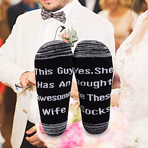 LEVLO Novelty Birthday Gift This Guy Has An Awesome Wife he Bought Me These Socks Cotton Socks Gifts for Him (2 pairs-mid calf-1)