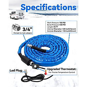 YIZBAP 15FT RV Heated Drinking Water Hose for 5/8" Inner Diameter, Freeze Protection Down to -20°F/-28°C with Energy Saving Thermostat, Includes 3/4" Adapter