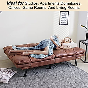 Opoiar Futon Sofa Bed Couch Sleeper Sofa Convertible Small Love Seat Memory Foam Brown Faux Leather Sofa for Living Room Apartment Office, Easy to Assemble, Great Addition
