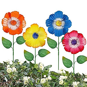Juegoal 4 Pack Flower Garden Stakes Decor, 20 Inch Outdoor Metal Colorful Floral Shaking Head Yard Art, Rust Proof Metal Flower Sticks for Spring Yard Lawn Pathway Patio Ornaments