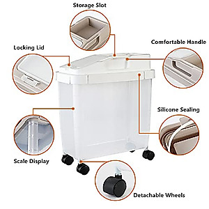 NLGG Airtight 20Lb Rice Container, Food Storage Cereal Container, 12Lb Pet Dog Food Container with Wheels + Measuring Cup, Flour Grain Container for Household, White, QB7305QC1518T56