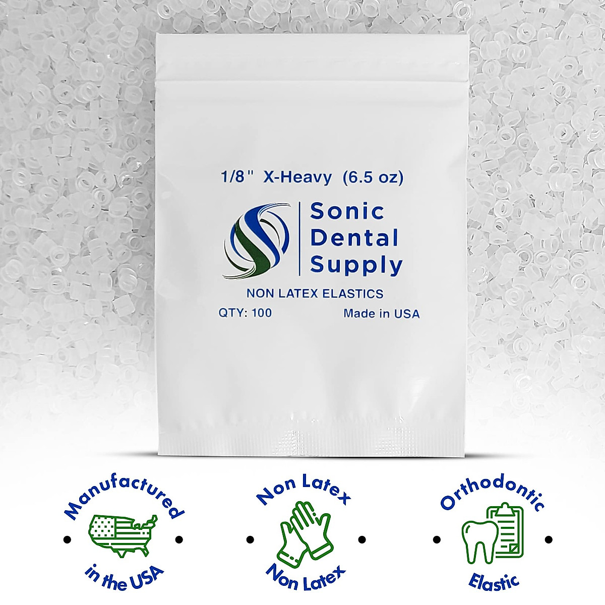 1/8 inch X-Heavy 6.5 oz - Orthodontic Elastic Rubber Bands - 100 Pack - Clear Latex Free, Small, Braces, Dreadlocks Hair Braids, Tooth Gap, Packaging, Crafts, Sonic Dental Supply - Made in USA