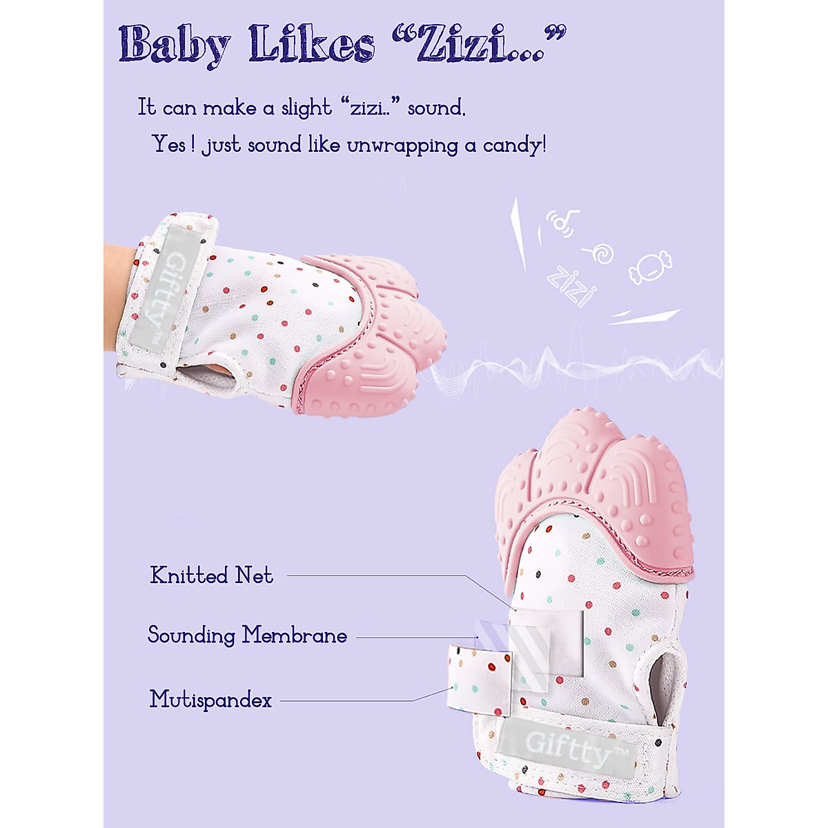 Giftty Baby Teething Mitten, Self-Soothing Teether Glove, Pain Relief Silicone Mitt, Double Breathable, Stay on Baby's Hand, Unisex for Babies 3-12 Months(2 Pink Mittens)