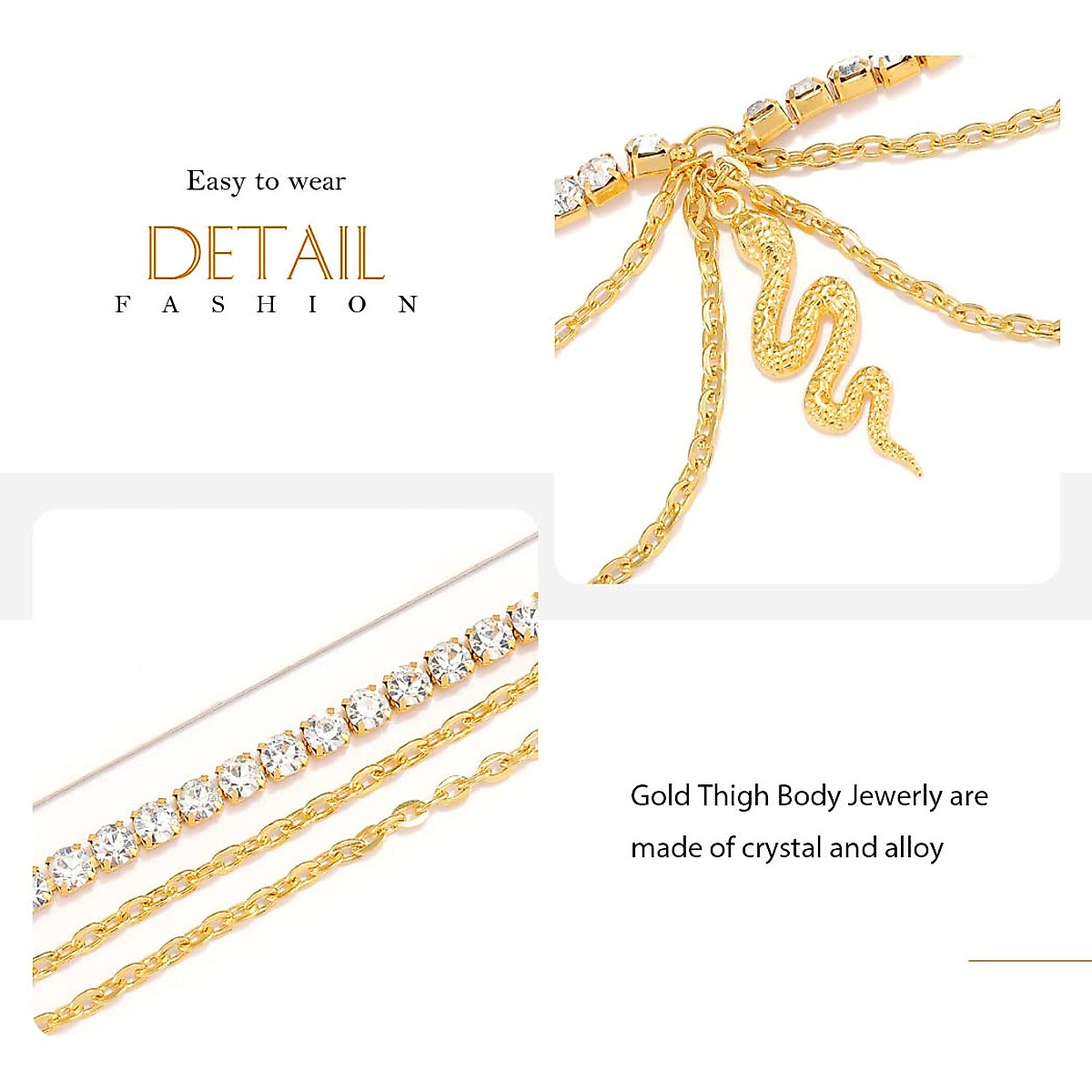 Asooll Gold Crystal Leg Chain Snake Rhinestones Thigh Chain Layered Leg Body Jewerly Fashion Beach Party Rave Body Accessories Jewelry for Women and Girls