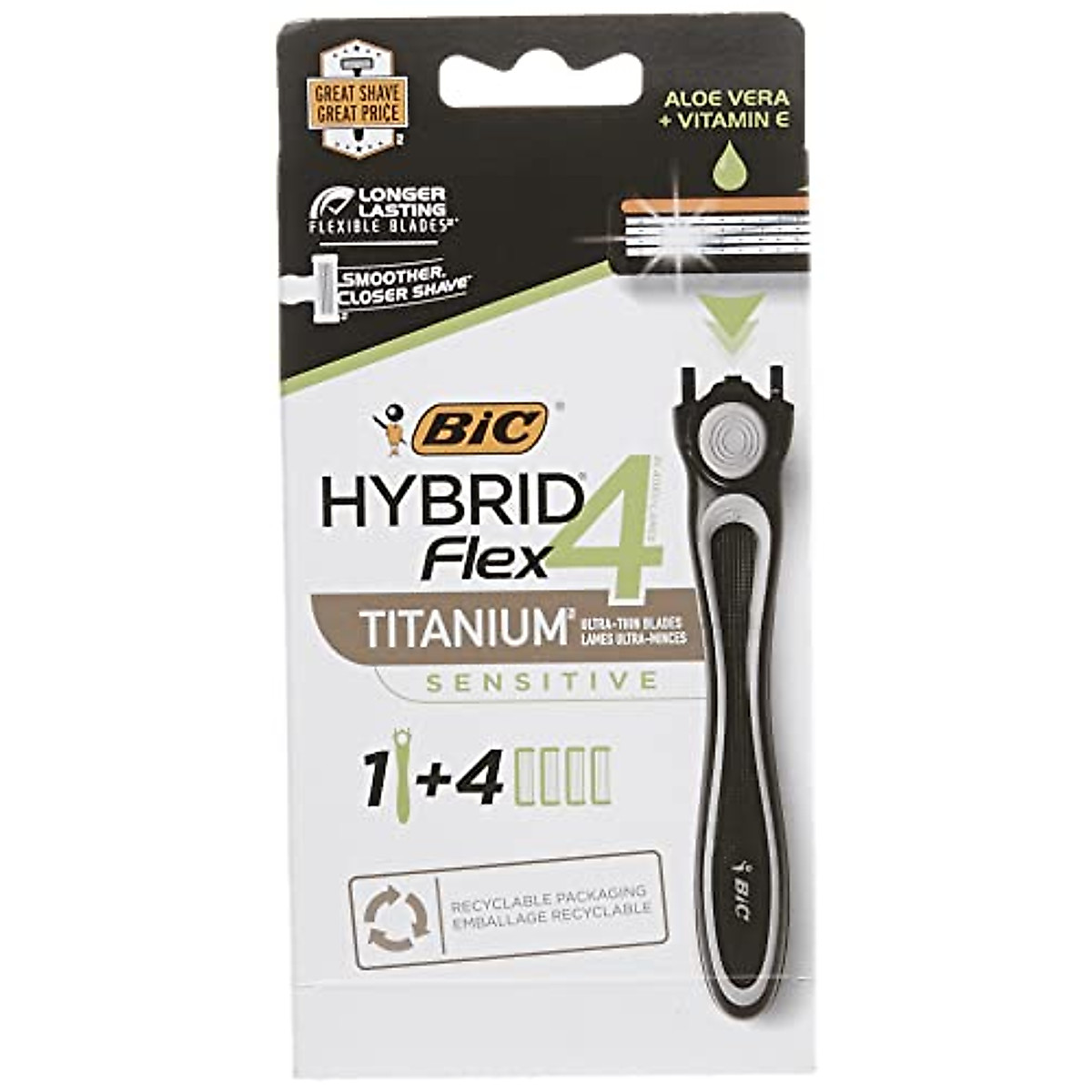 BIC Flex 4 Refillable Men's Disposable Razors, For a Smooth, Ultra-Close and Comfortable Shave, 1 Handle and 4 Cartridges, 5 Piece Razor Set