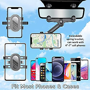 Rearview Mirror Phone Holder for Car,2023 Rotatable and Retractable Car Phone Holder Mount Multifunctional 360° Car Rear View Mirror Phone Holder Pro Clip Car Mirror Phone Mount for Mobile Phone Black