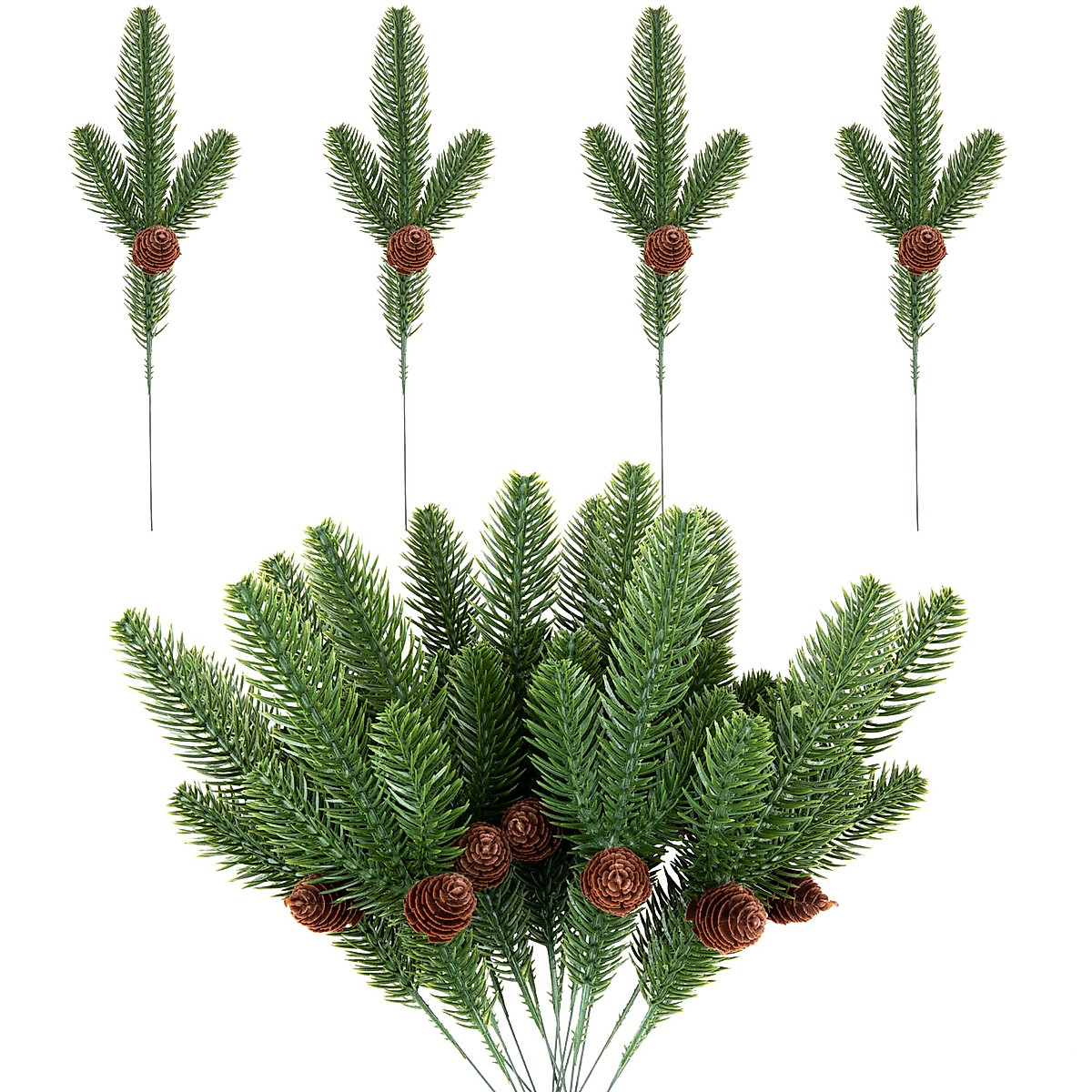 Alpurple 15 PCS Fake Greenery Pine Picks with Pinecone-11 Inch Artificial Pine Needles Branches with Pine Cones-Pine Twigs Stems Picks for Christmas Garland Home Garden Decoration