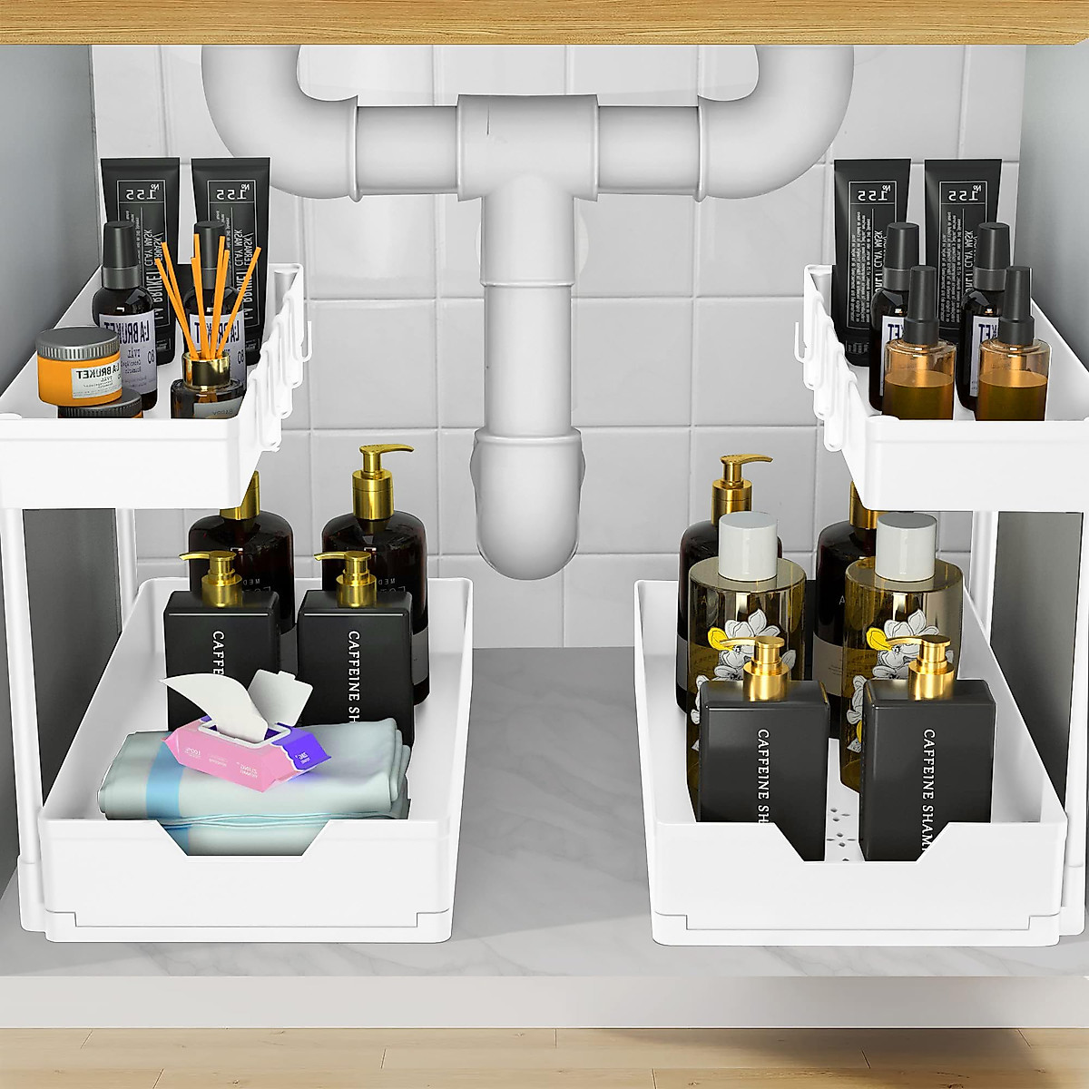 Under Kitchen Sink Organizers and Storage L-Shape Easy Assembly,Under Sink Organizer Kitchen Durable Pull-Out with Sliding Drawer,Bathroom Sink Organizer Large Capacity with Hooks,2 Pack,White