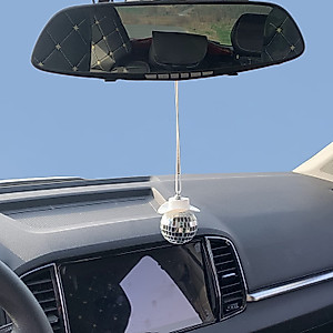 Disco Ball Car Rearview Mirror Pendant Car Hanging Mirror Ornament with Pink Cowboy Hat,Bling Wild West Disco Ball Car Accesory (White)