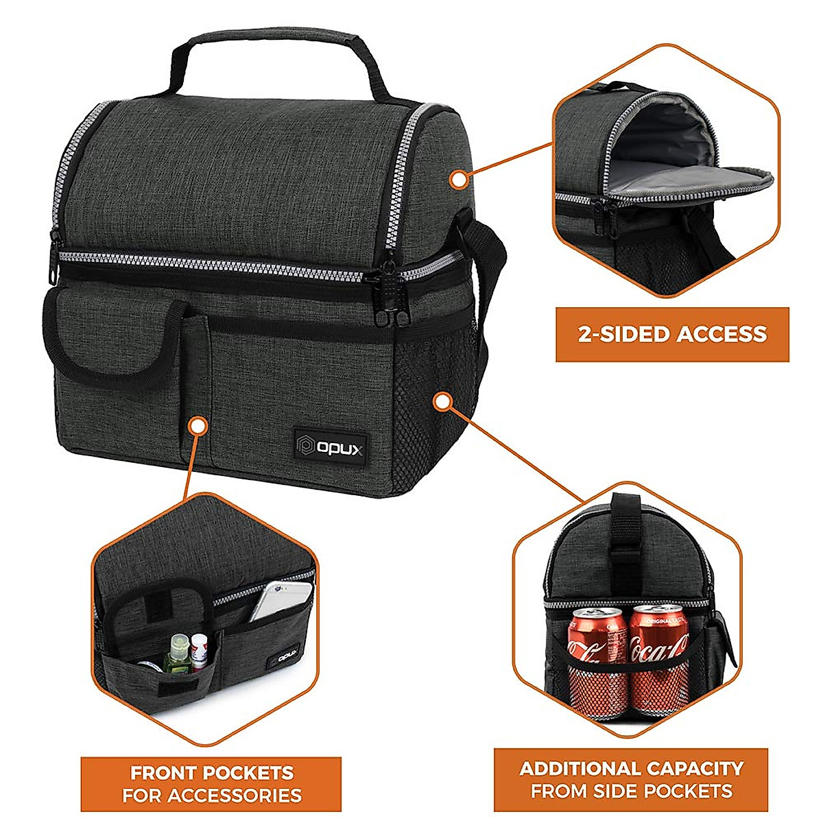 OPUX Lunch Box for Men, Adult Lunch Box Cooler, Insulated Lunch Bag Women, Dual Compartment Lunchbox for Work, Leakproof Double Decker Lunch Bag, Soft Lunch Pail Tote Boys Girls Kids School, Dark Gray