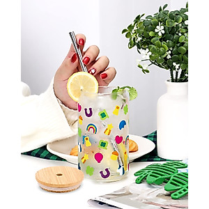 Nefelibata Lucky Charm Iced Coffee Glass Cup Beer Can Glass 16oz with Bamboo Lid and Metal Straw Feeling St. Patrick's Day Drinking Glasses Preppy Smoothie Tumbler Mug Modern Coffee Gift Idea
