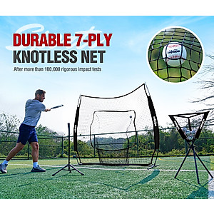 Zupapa Baseball Softball Practice Combo - 7 X 7 Feet Net Tee Caddy 12 Pack Baseballs Set, Upgraded Vivid Strike Zone, Baseball Backstop Practice Net for Hitting Pitching Batting Catching (Black)