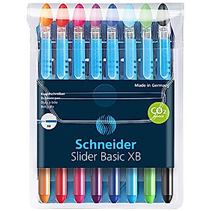 Schneider Slider Basic XB (Extra Broad) Ballpoint Pen, 1.4 mm, Transparent Barrel, Assorted Ink Colors, Pack of 8 Pens (151298)