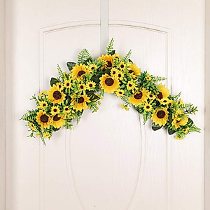 MGQ Artificial Sunflower Swag,27.6 Inch Rustic Artificial Floral Swag Decorative Swag with Sunflowers Green Leaves,Wedding Arch Flowers,Handmade Garland,Front Door Hanging Wreath for Home Garden Decor