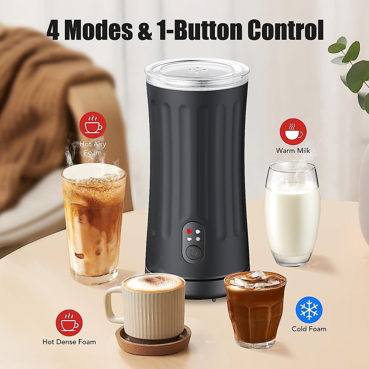 Ovetedot Milk Frother, Upgraded 4-in-1 Milk Frother and Steamer, Hot and Cold Foam Maker and Milk Warmer with Temperature Control & Auto Shut-Off, Frother for Coffee, Latte, Cappuccino, Matcha(Black)