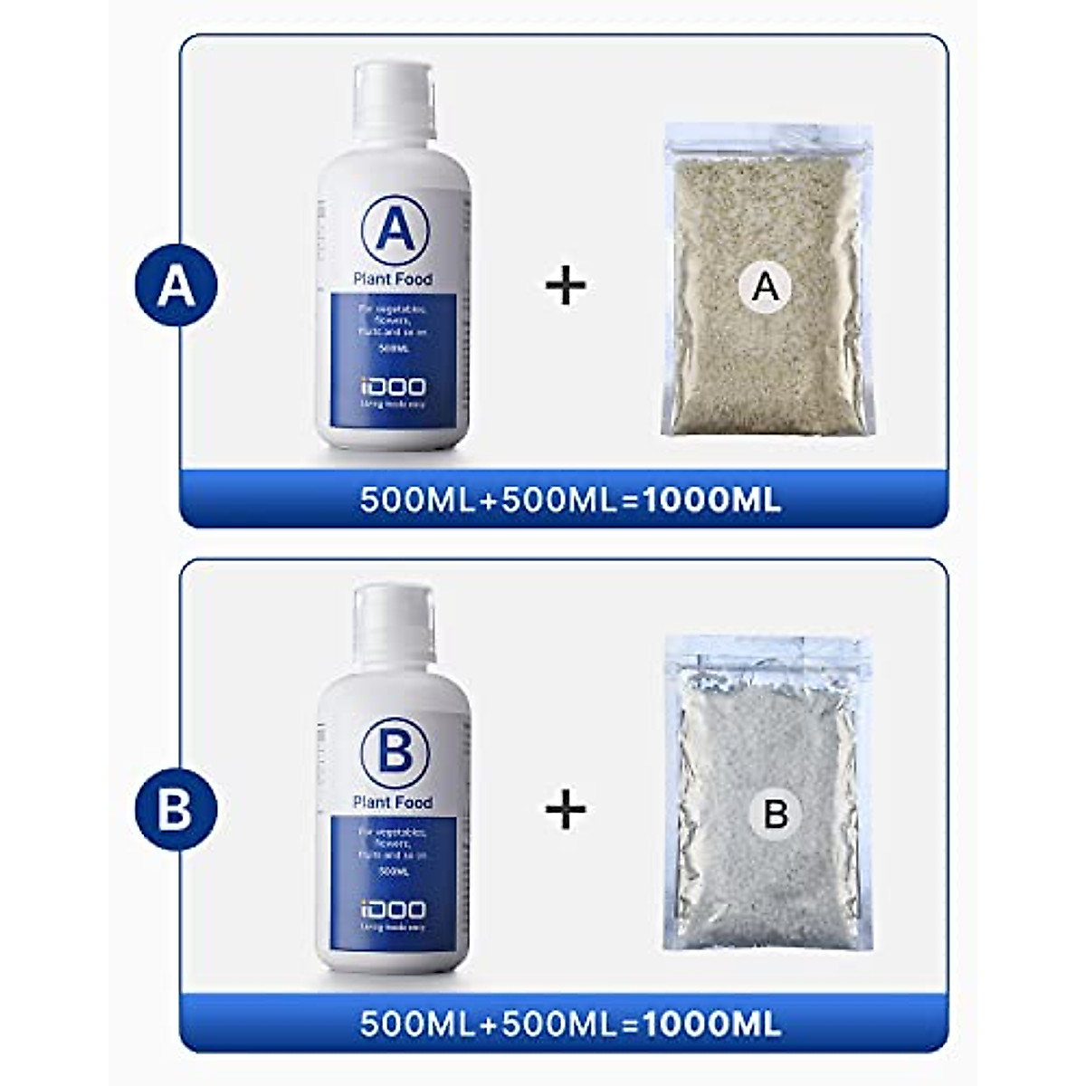 iDOO Plant Food 70 oz (2 Liter), All-Purpose Water Soluble A & B Nutrients, Liquid Concentrated Hydro Garden Fertilizer for Hydroponics System, Indoor Potted House Plants, Flowers, Vegetable